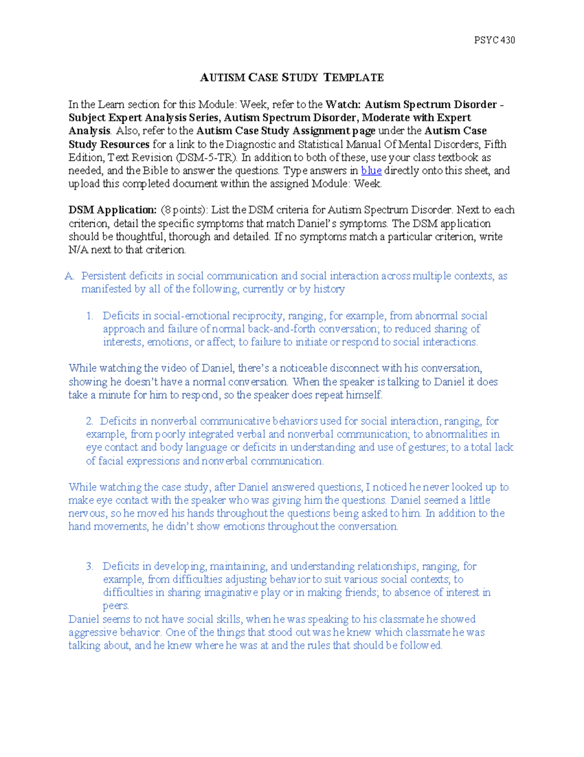 Autism Case Study Template for PSYC 430: Week Assignment Guide - Studocu