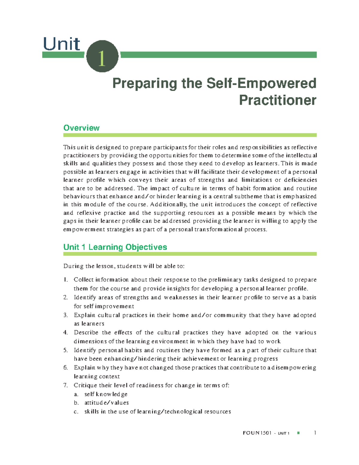 FOUN1501 UNIT 1: Preparing Self-Empowered Learners Through Reflection ...