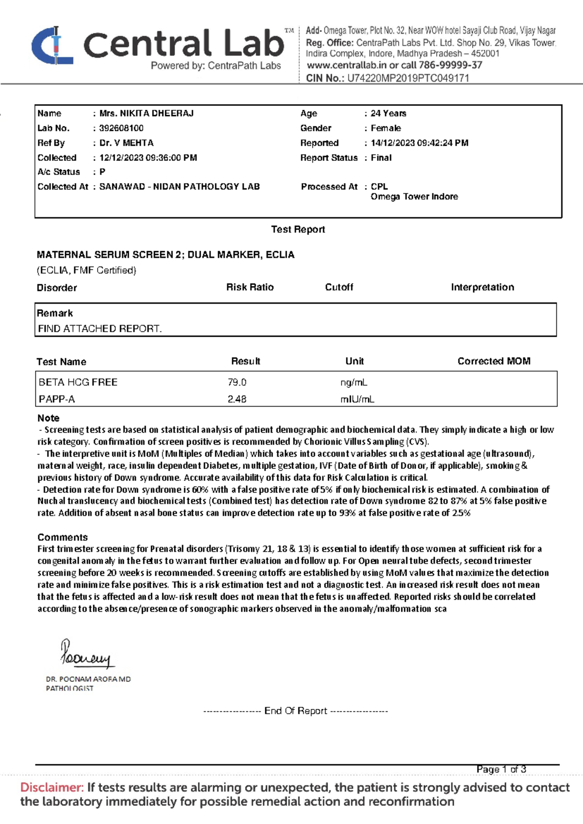 Nikita - Information . - BETA HCG FREE 79 ng/mL PAPP-A 2 mIU/mL Note ...