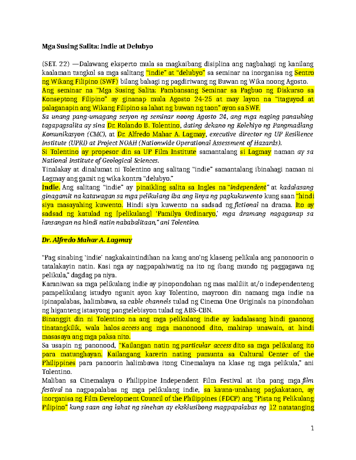 Mga Susing Salita: Indie at Delubyo (SWF Seminar) - Studocu
