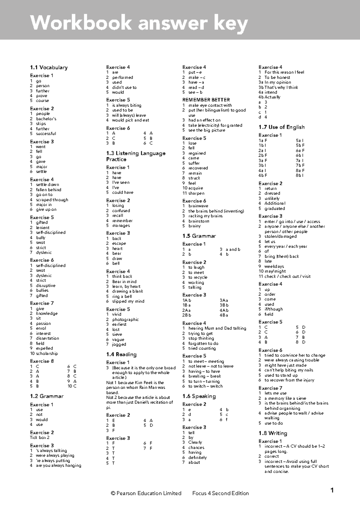 538463731 Focus 4 2E Workbook Answers - 1 Vocabulary Exercise 1 1 go 2 ...