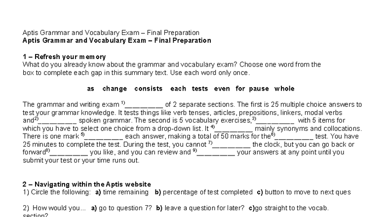 Aptis Grammar & Vocabulary Exam Final Prep Guide - Studocu