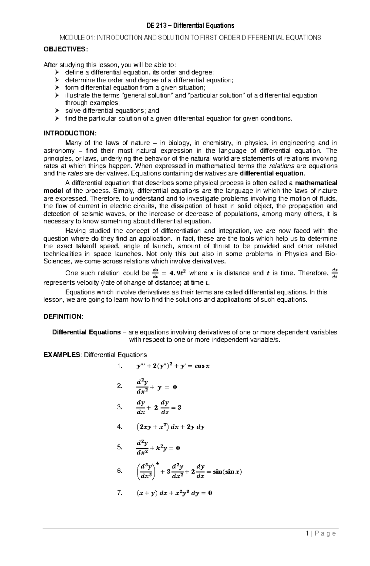 Introduction to Differential Equations - MODULE 01: INTRODUCTION AND SOLUTION TO FIRST ORDER ...