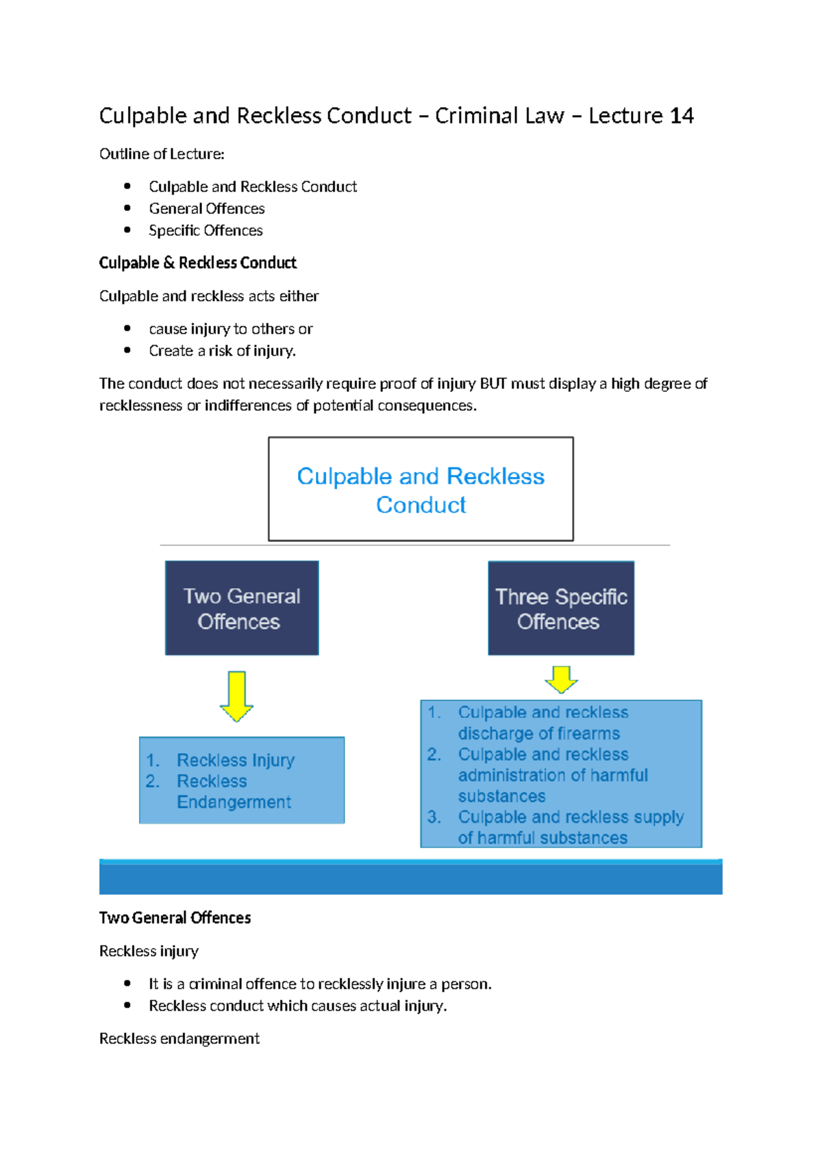 Culpable and Reckless Conduct Overview - Criminal Law Lecture 14 - Studocu