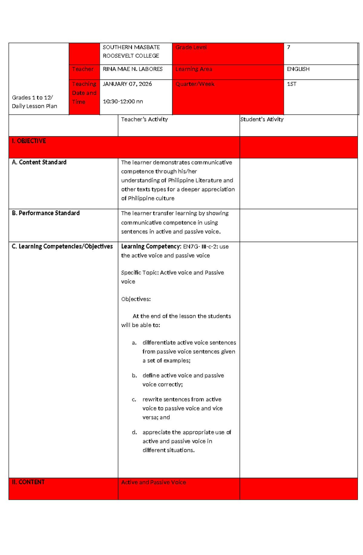 Final Lesson Plan: Active and Passive Voice - Grade 7 English - Studocu