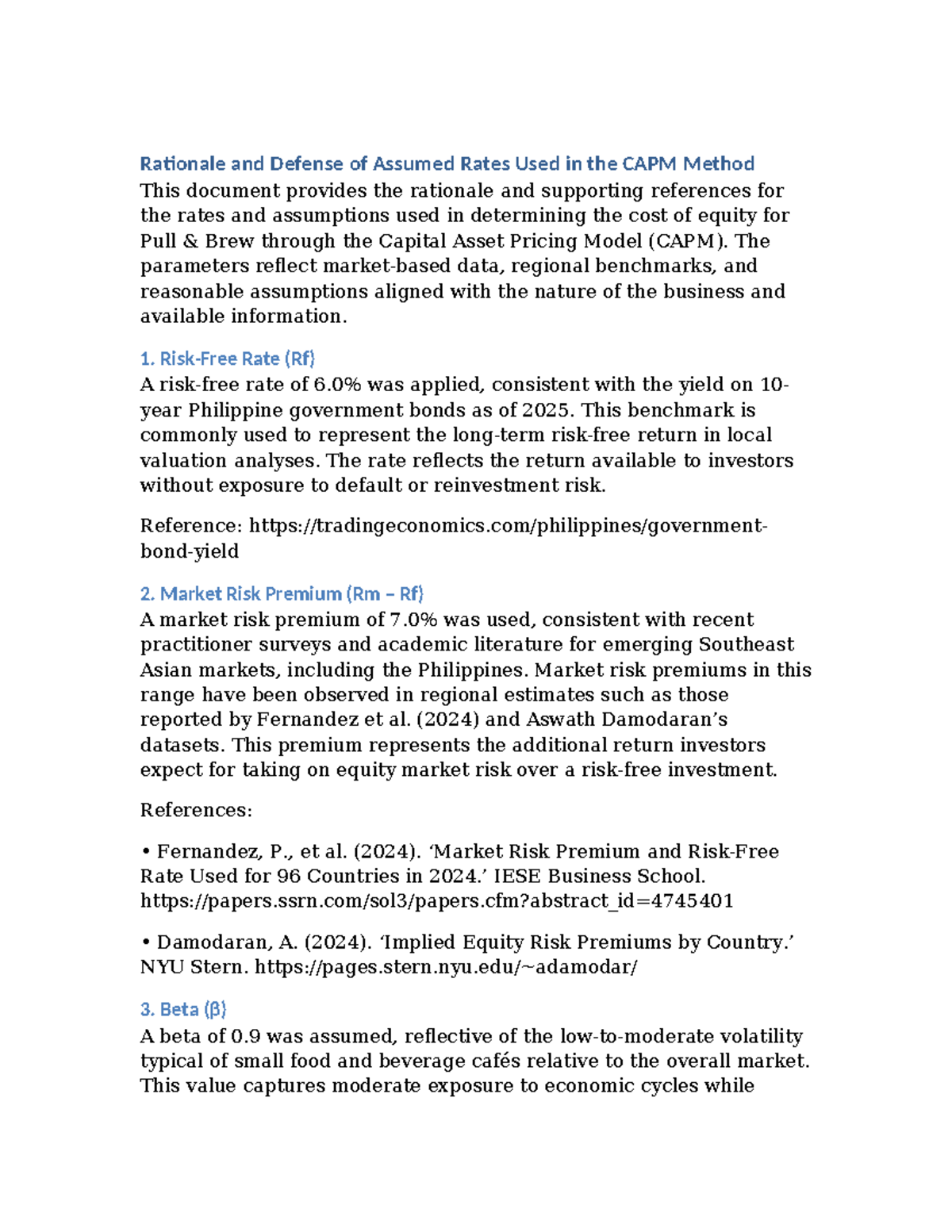 Rationale and Defense of CAPM Rates for Pull Brew Analysis - Studocu