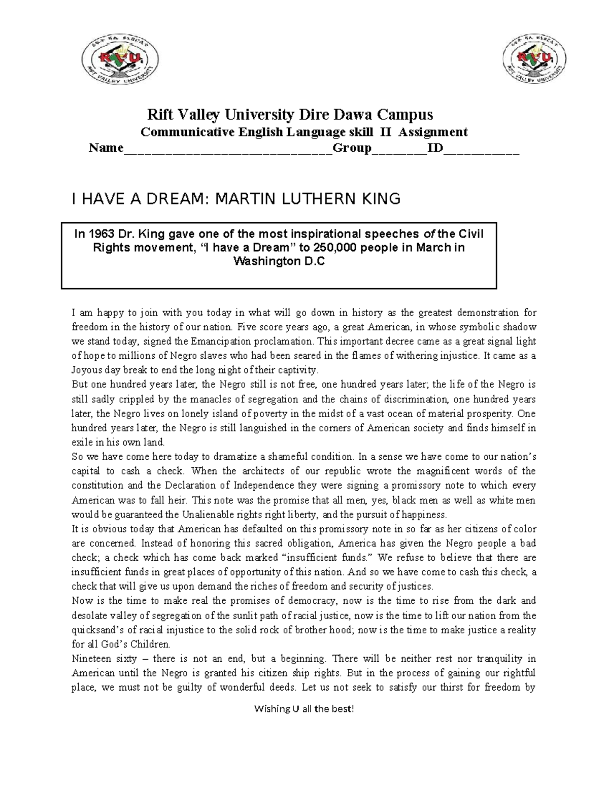 Rift Valley University Dire Dawa Campus Communicative English II: MLK's "I Have - Studocu