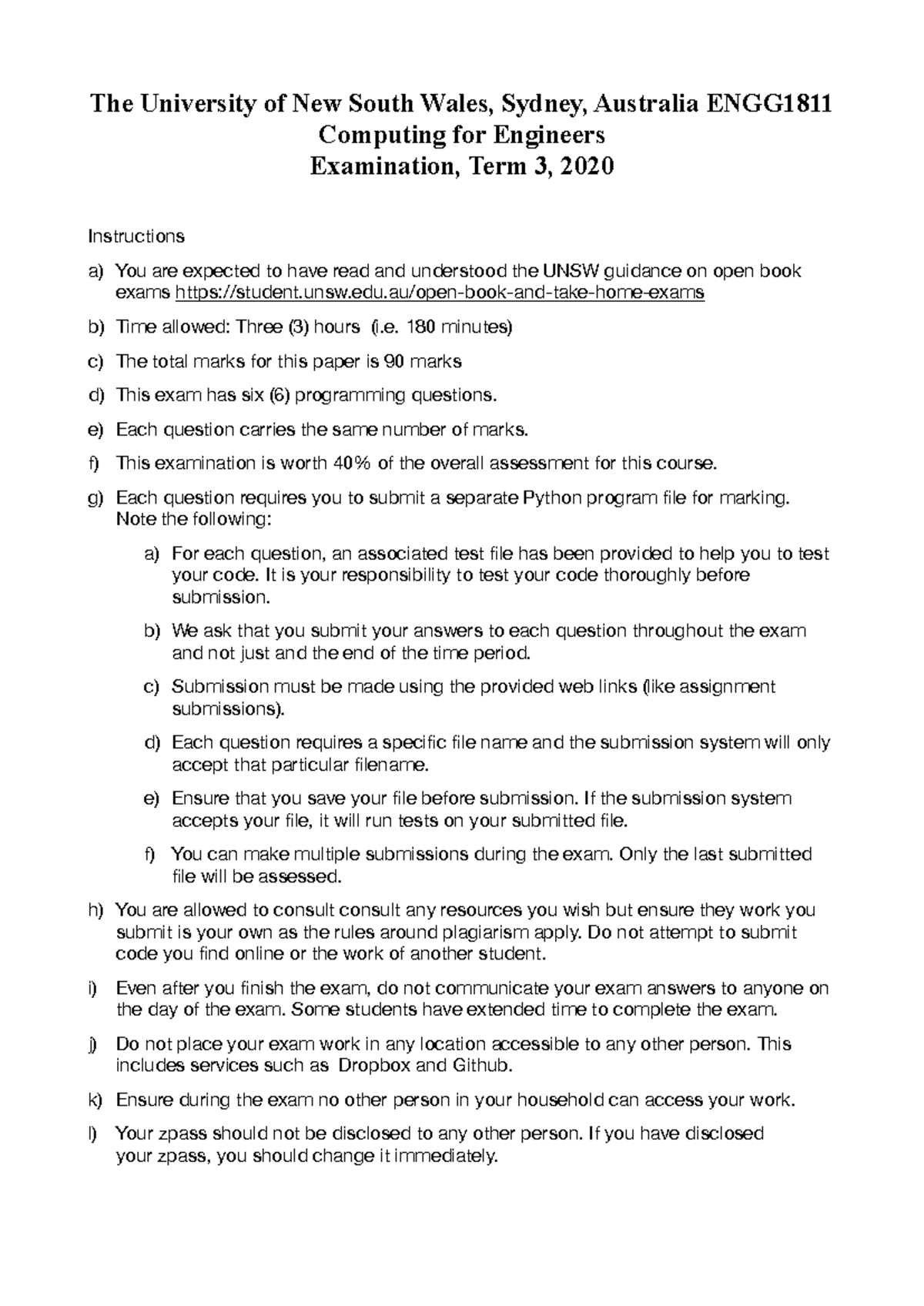 ENGG1811 20T3 Final Exam - Comprehensive Programming Tasks and Requirements - Studocu