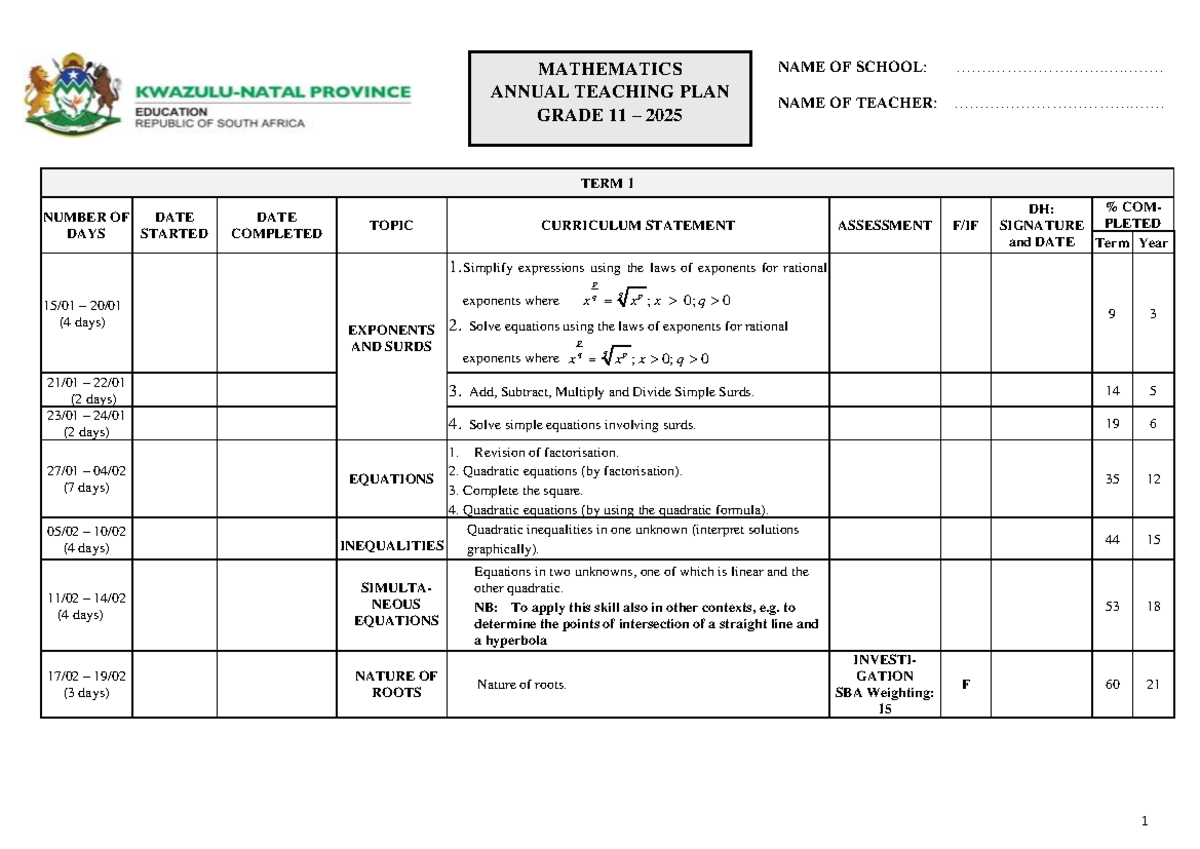 Grade 11 MATH ATP 2025 - Comprehensive Revision Guide - Studocu