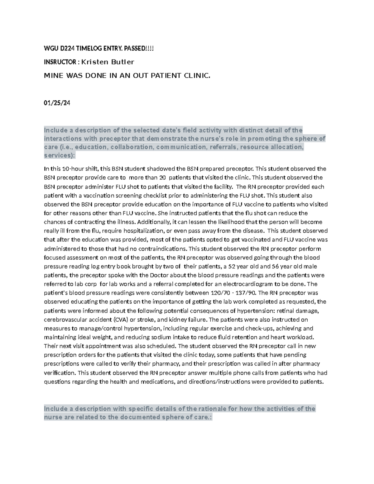 WGU D224 Final Field Experience Log: Patient Care & Education Summary ...