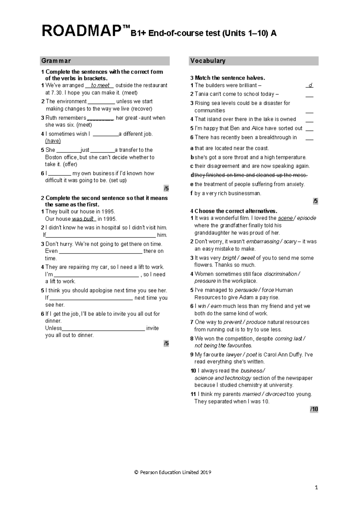 B1+ End-of-Course Test Grupa A: Grammar & Writing Exercises - Studocu