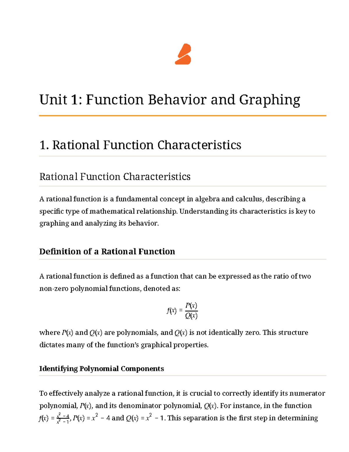 Unit 1: Rational Function Characteristics & Graphing Insights - Studocu