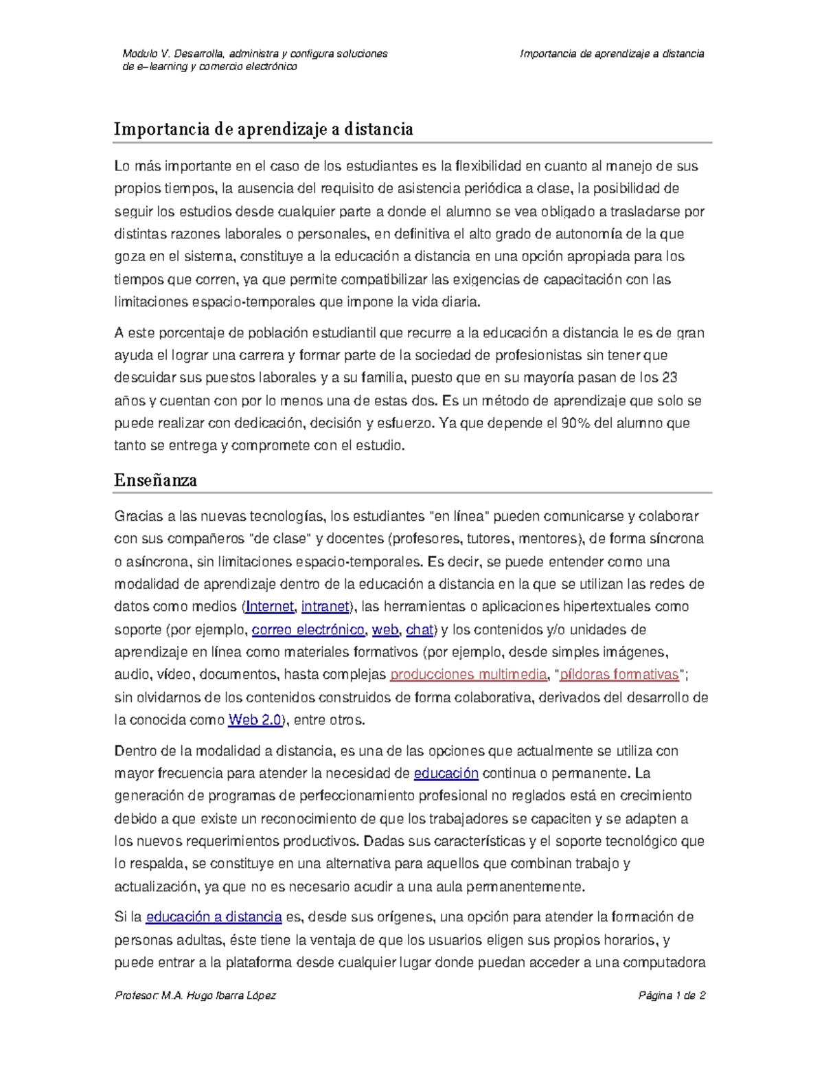 Modulo V: Importancia del E-learning en la Educación a Distancia - Studocu
