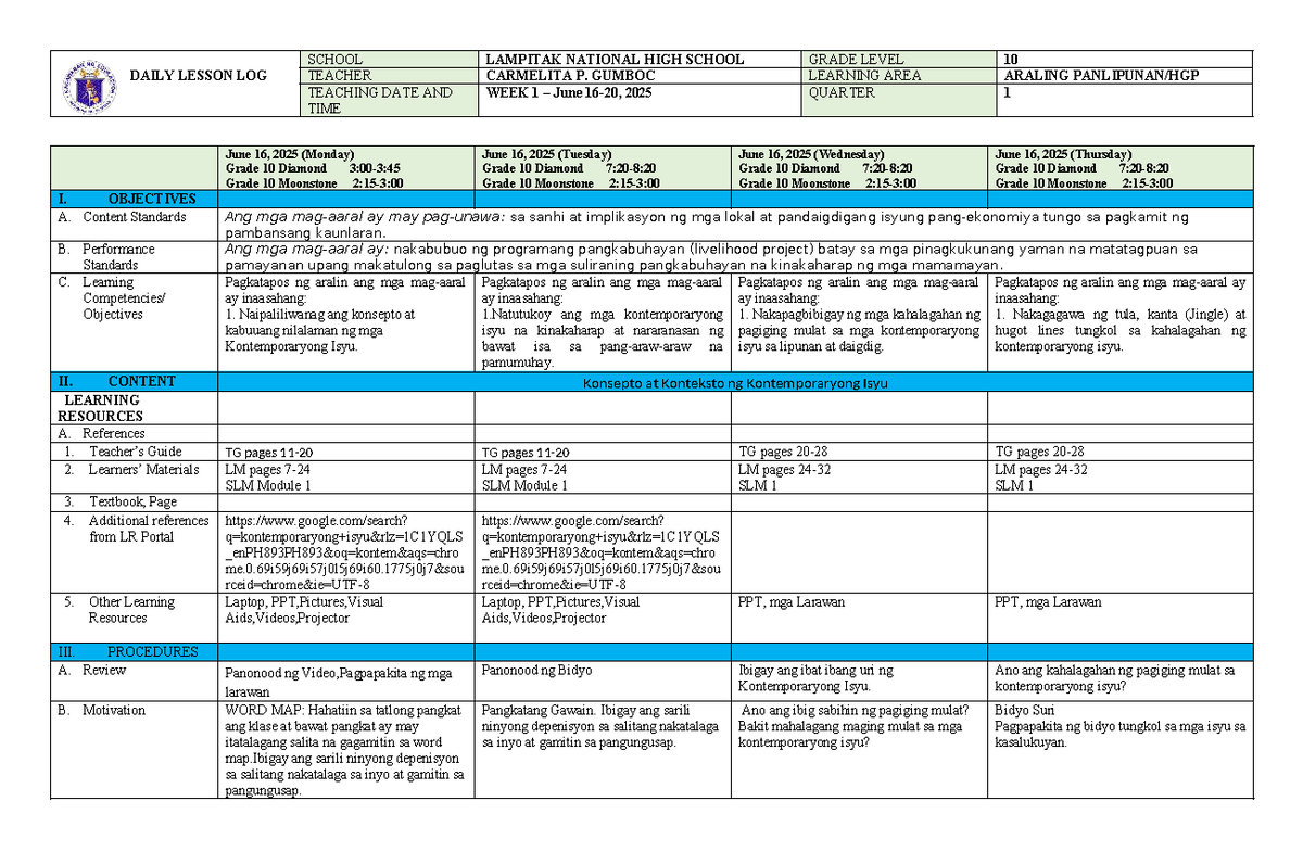 Q1 Week 1 Daily Lesson Plan for AP10: Kontemporaryong Isyu - Studocu