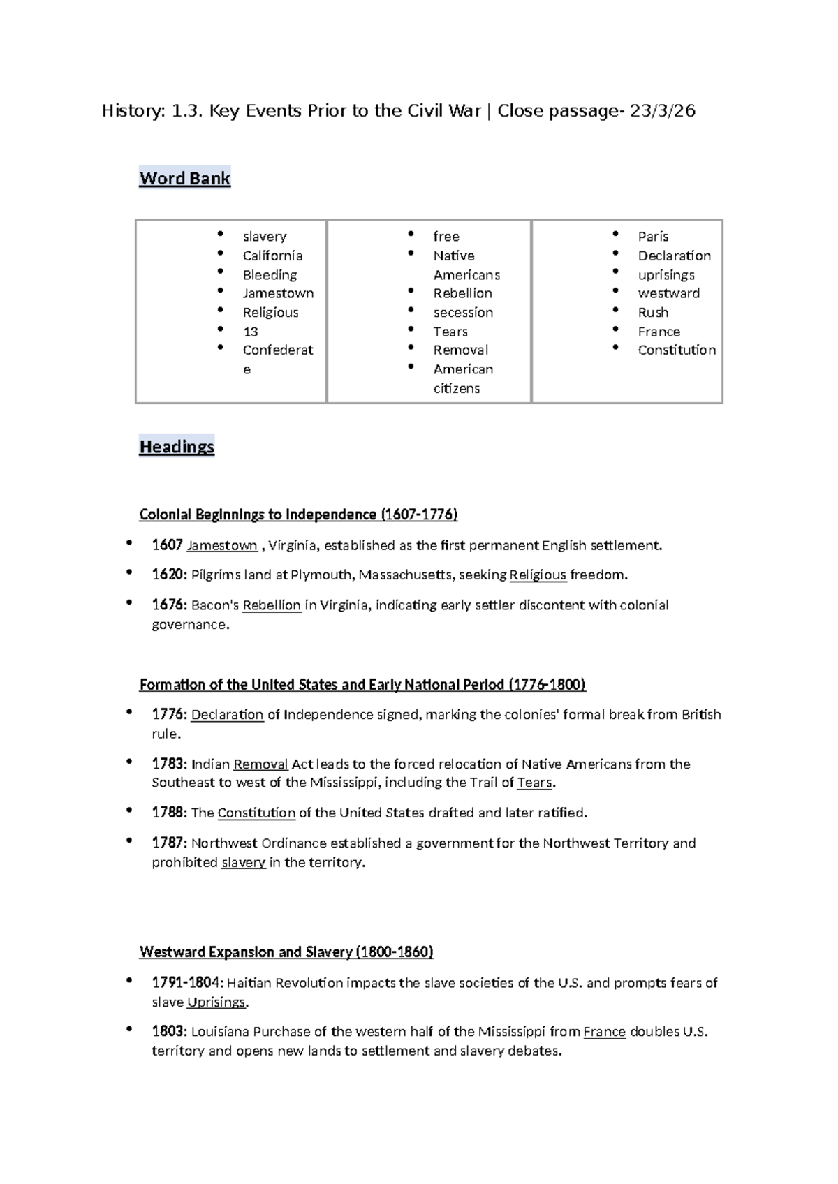 History 1.3: Key Events Leading to the Civil War - Studocu