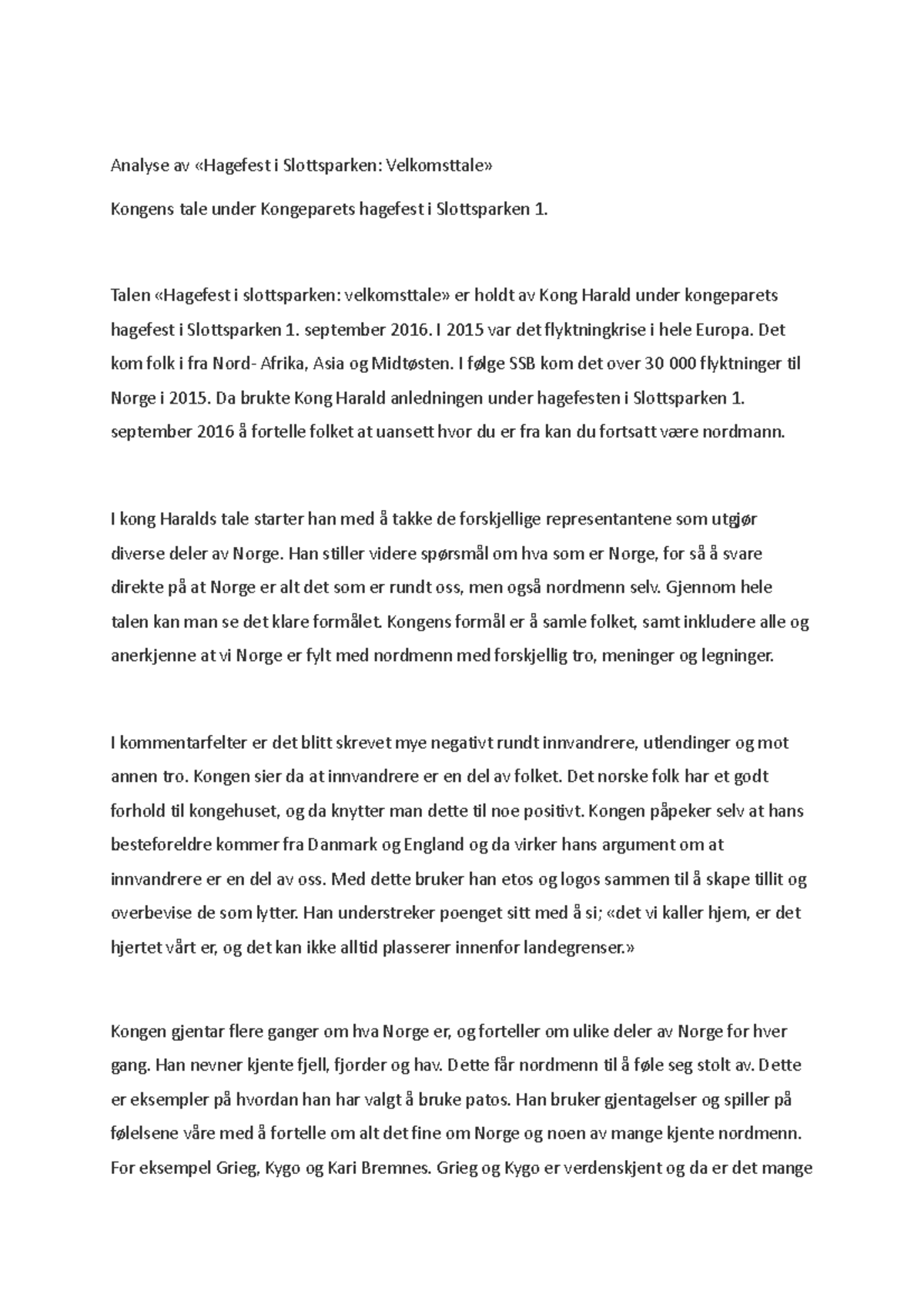 Analyse av Kong Haralds Velkomsttale i Slottsparken - 1. sep 2016 - Studocu