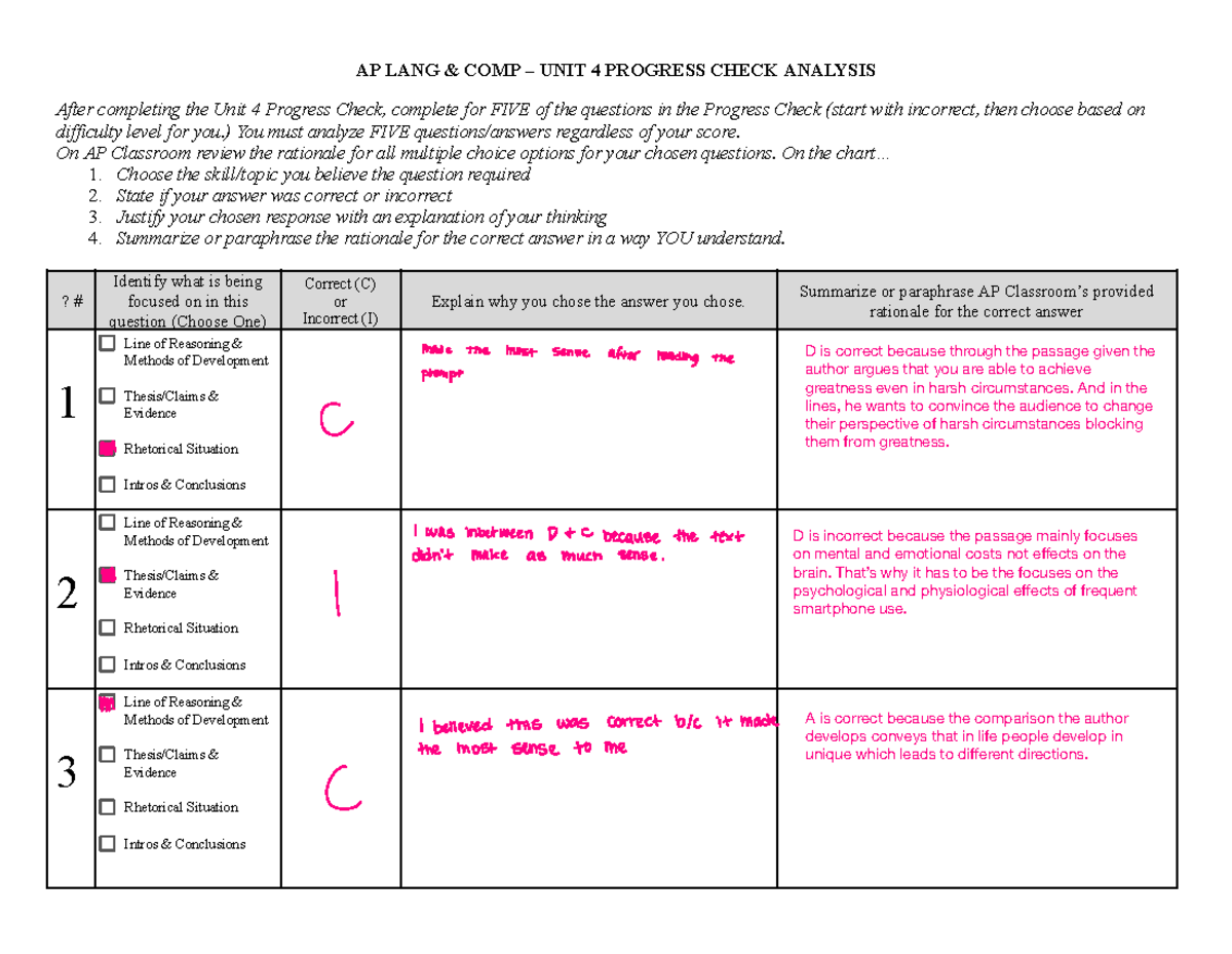 AP LANG COMP 4 Unit 4 Progress Check Analysis & Rationale - Studocu