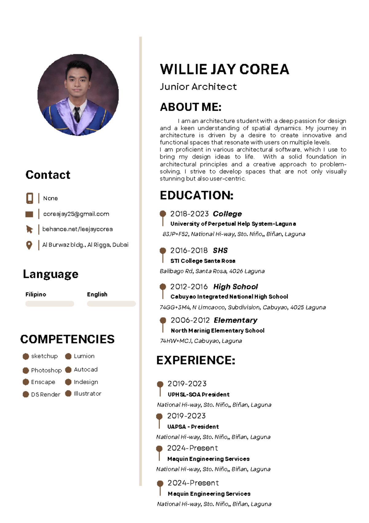 Minimalist CV Resume - WILLIE JAY COREA Junior Architect EDUCATION ...
