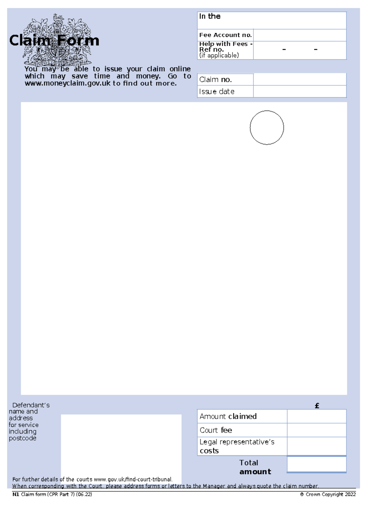 N1 court claim form - For court use only Claimant(s) name(s) and ...