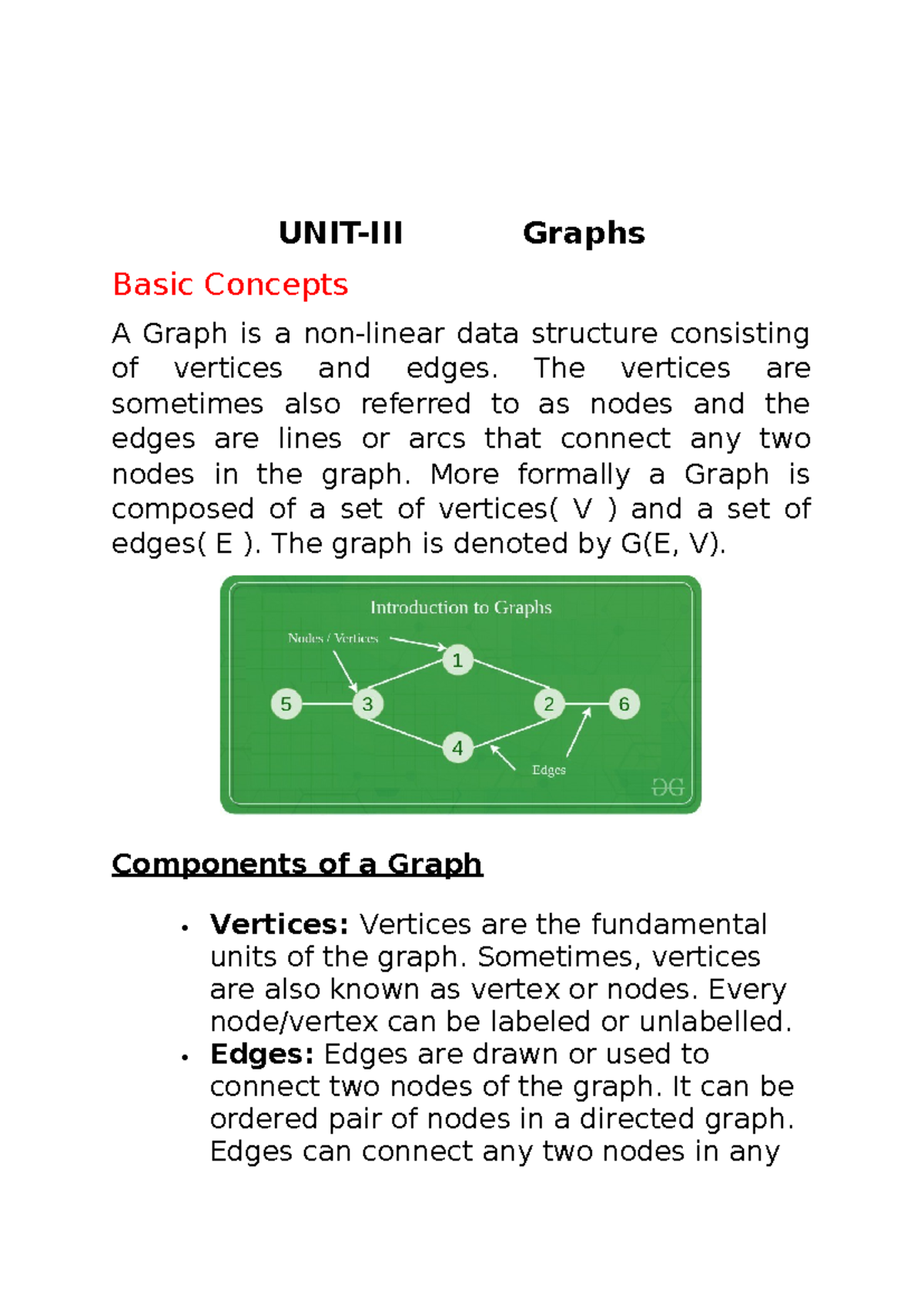 UNIT-III Graph - UNIT-III Graphs Basic Concepts A Graph is a non-linear ...
