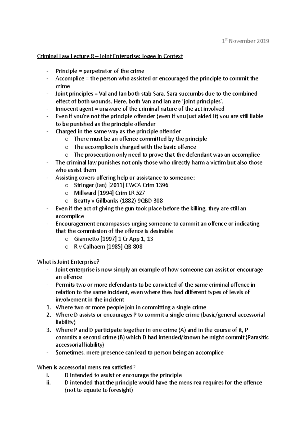 Criminal Law - Lecture 8 - 1 st November 2019 Criminal Law Lecture 8 ...