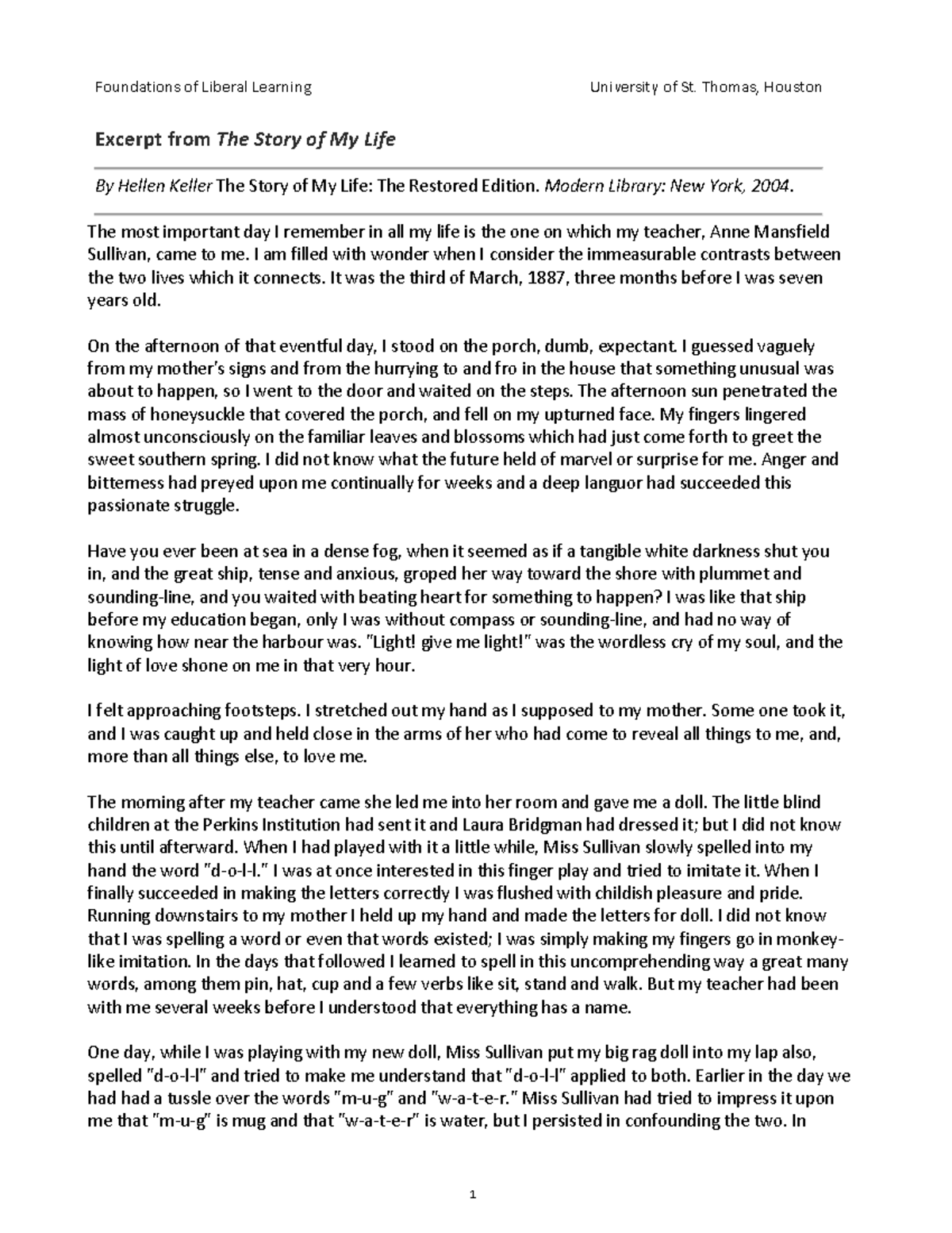 Foundations of Liberal Learning: Excerpt from Helen Keller's Life - Studocu