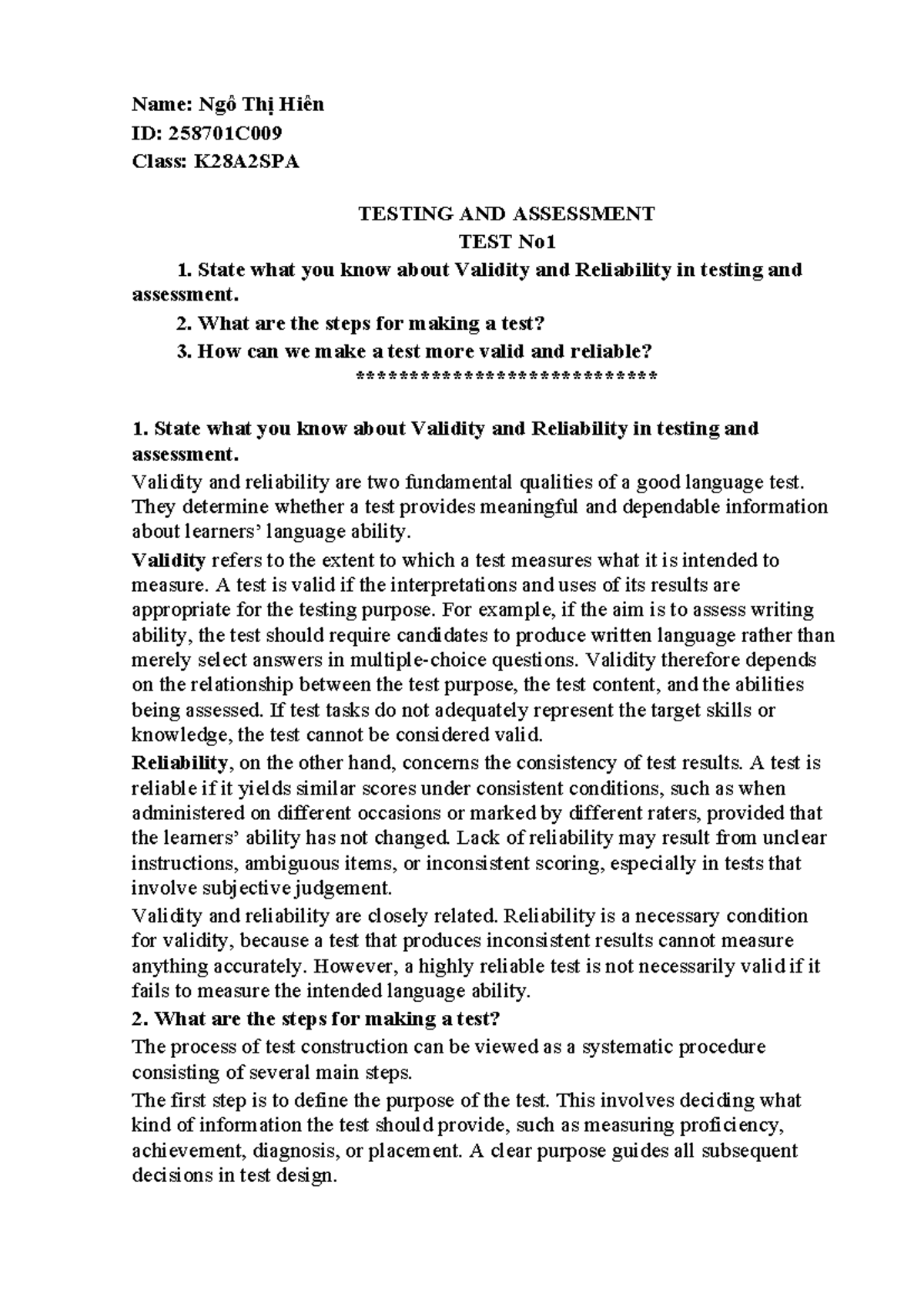 K28A2SPA TEST No1: Validity & Reliability in Testing - Studocu