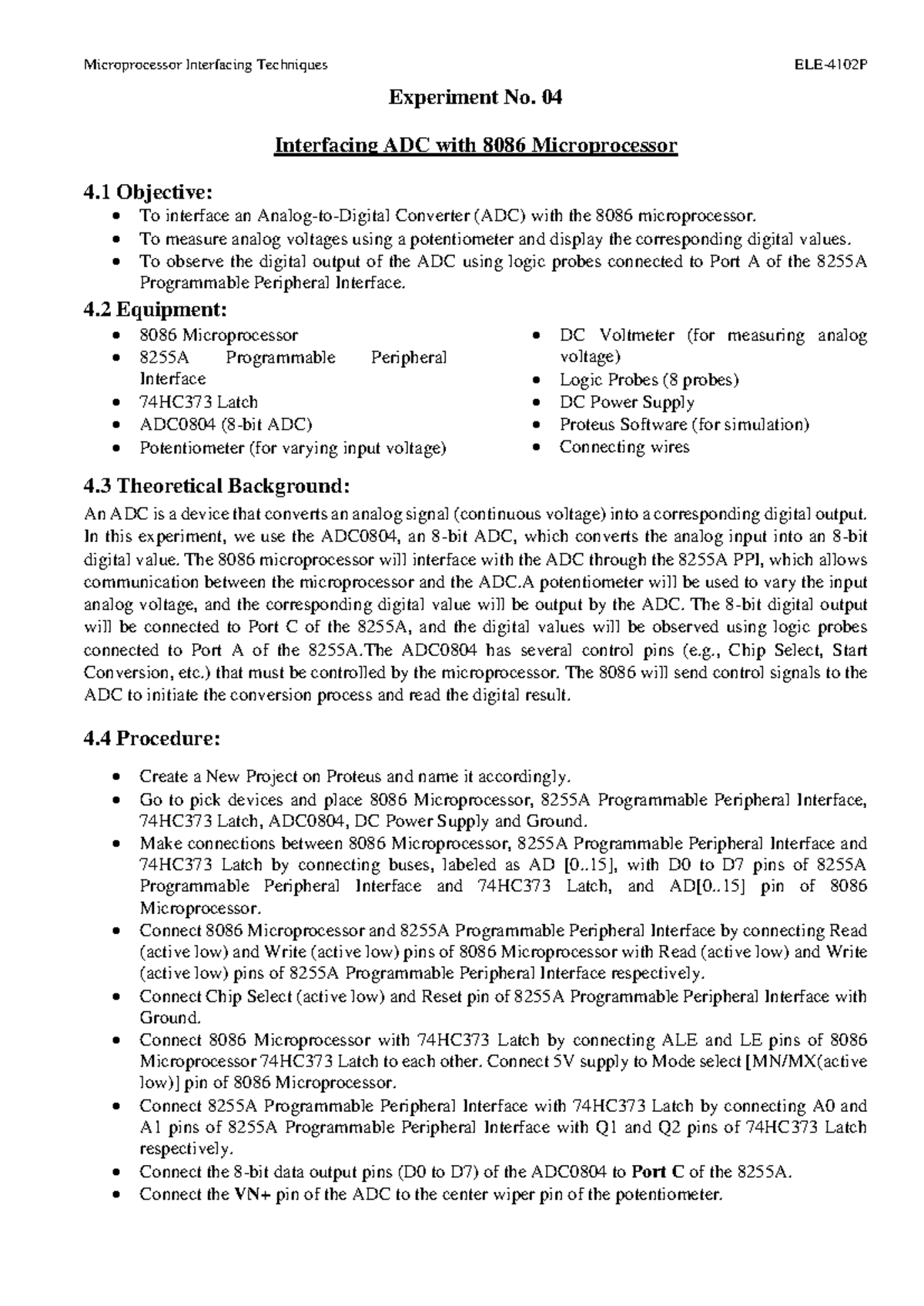 Experiment No. 04 - Interfacing ADC with 8086 Microprocessor (ELE-4102P ...