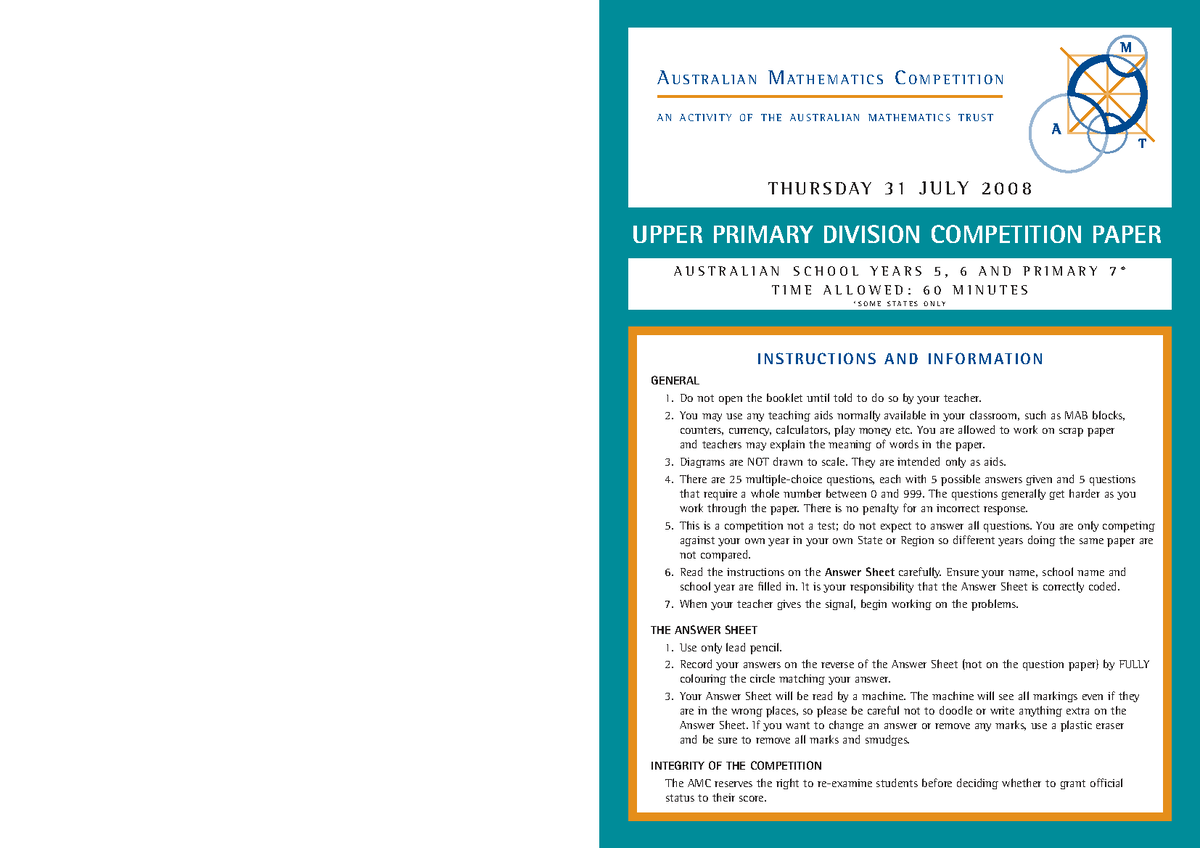 AMC Upper Primary 2008 Competition Paper and Solutions - Studocu
