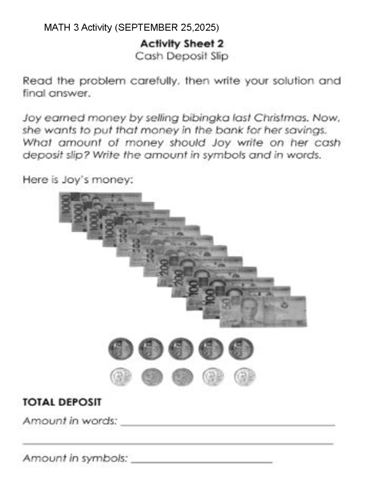 MATH 3 Activity Sheet: Cash Deposit Slip Exercise - Studocu
