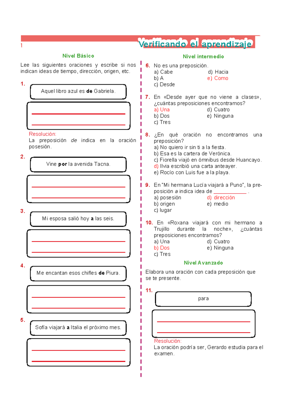 Verificando el Aprendizaje: Preposiciones y Oraciones - Nivel Básico ...