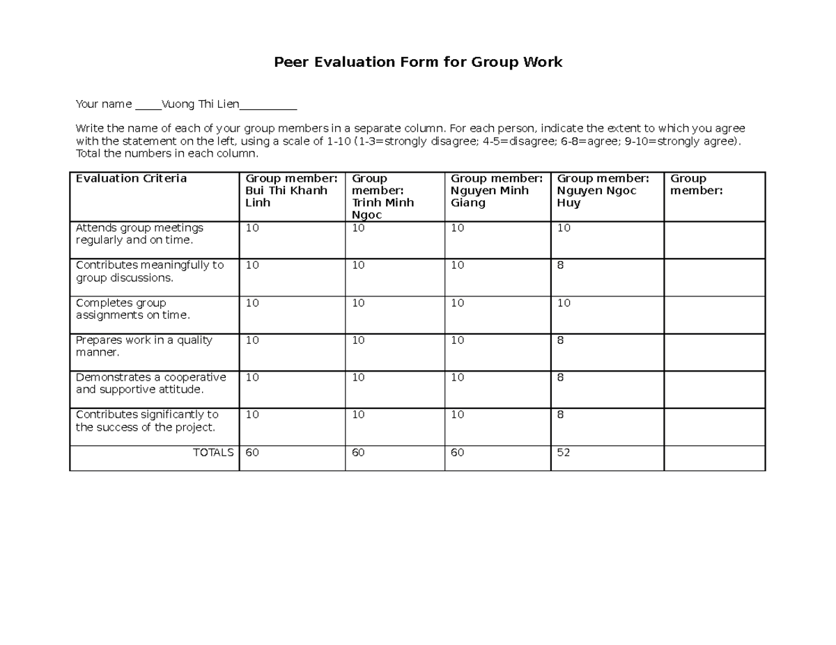 Peer Evaluation Form for Group Work - Team 07 - N08 - Peer Evaluation ...