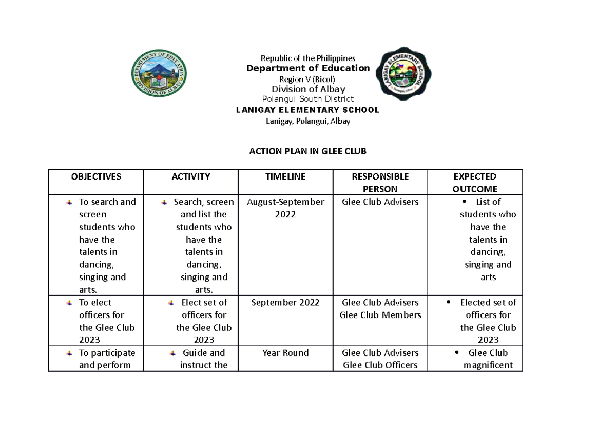 GLEE CLUB Action Plan (2022-2023) for Lanigay Elementary School - Studocu