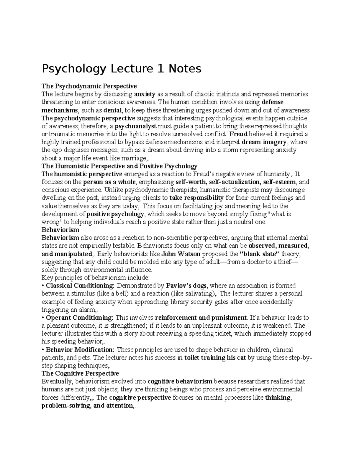 Psychology Lecture 1 Notes: Exploring Psychodynamic & Humanistic ...