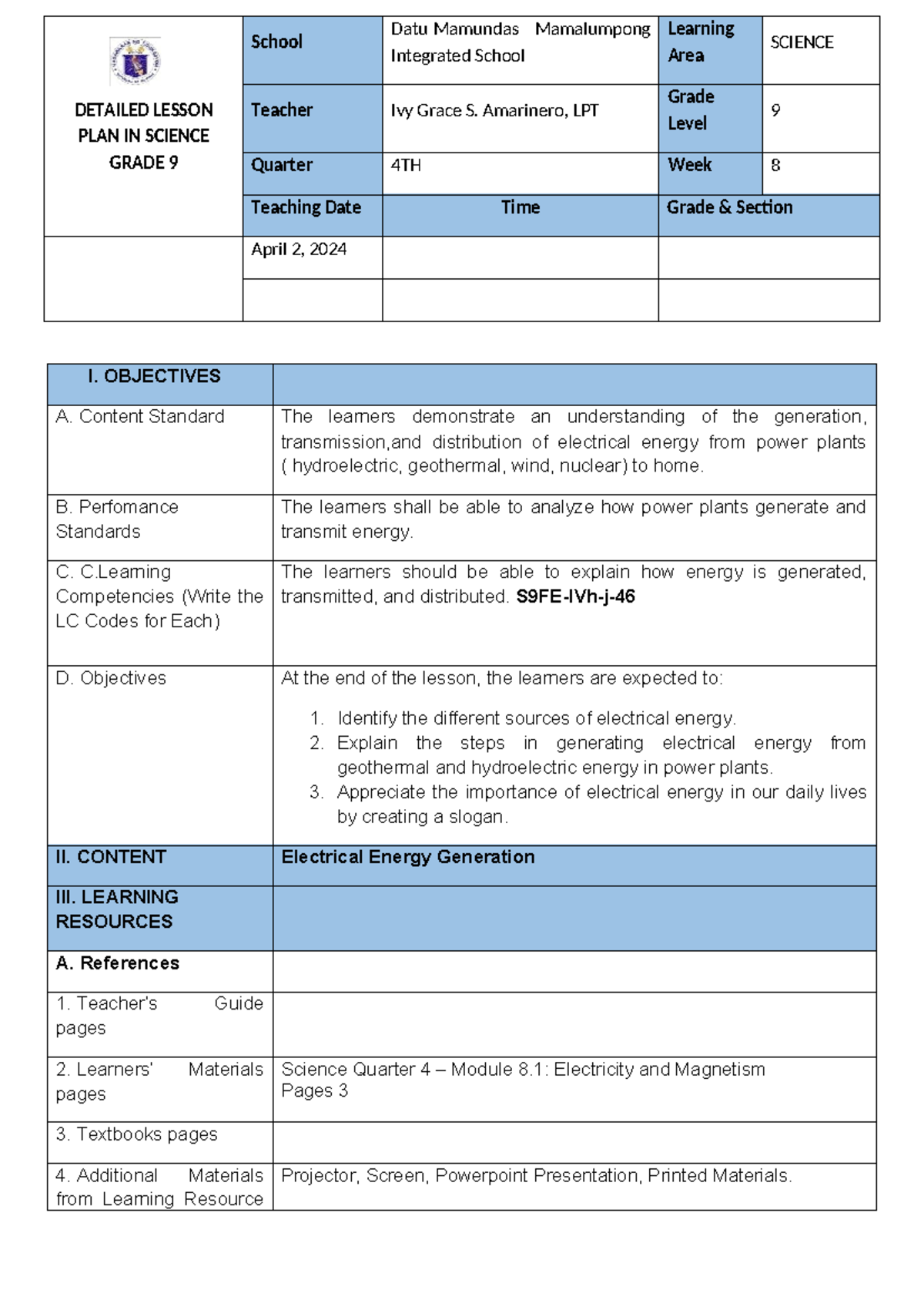 Grade 9 Science Lesson Plan: Electrical Energy Generation (Q4, W8 ...