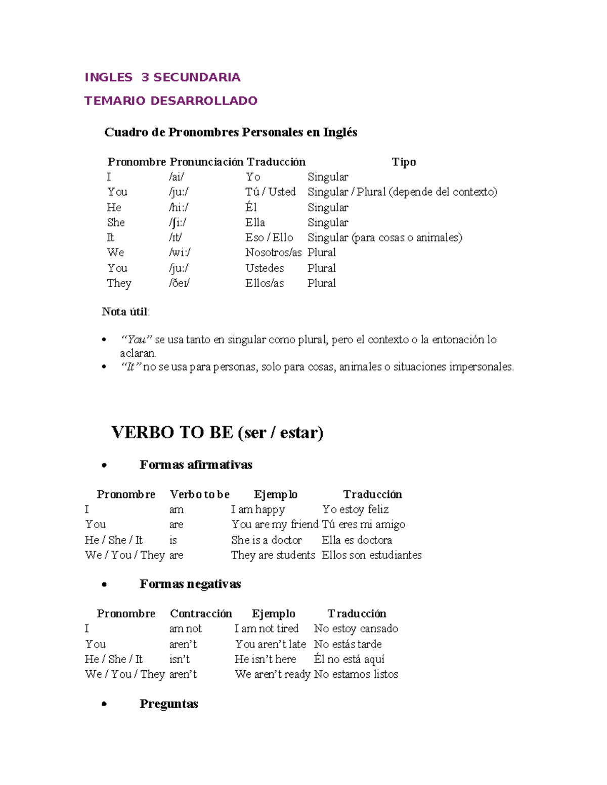 INGLES 3 SECUNDARIA: Temario y Ejercicios Clave - Studocu