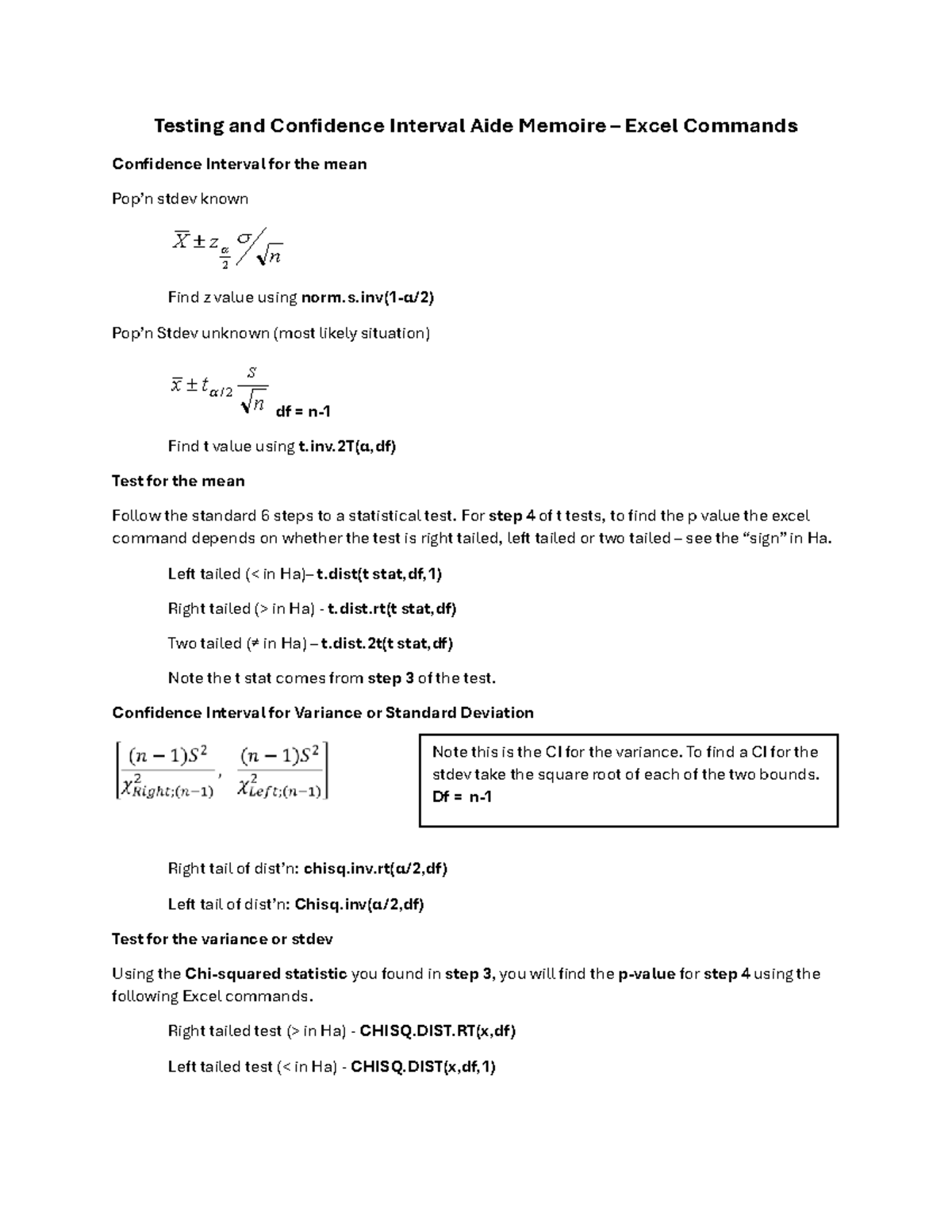 Excel Commands for Testing & CI: Means & Variance (Stat 101) - Studocu