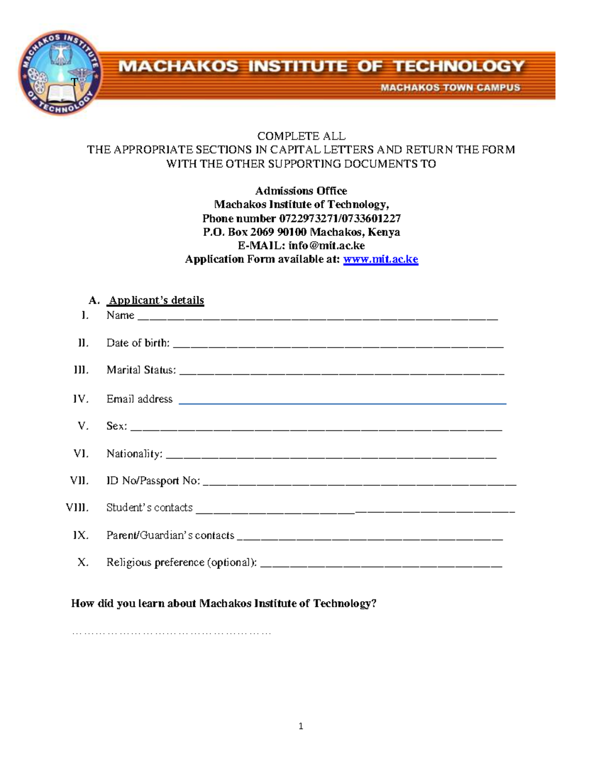 MIT Application Form - Guidelines and Important Information - Studocu