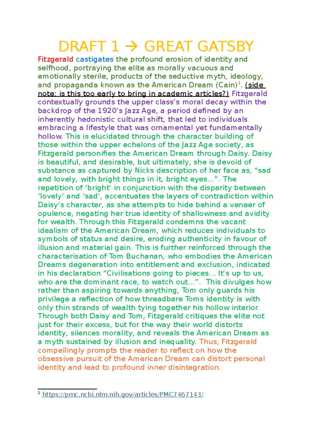 Draft 1 Analysis of Identity in The Great Gatsby (ENG 101) - Studocu