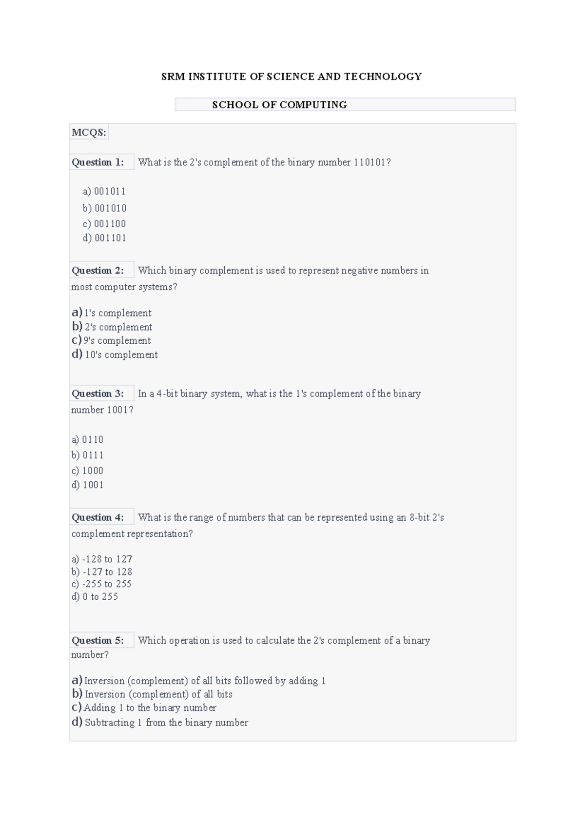 COA Question Bank: Unit 1 MCQs & Answers on Binary Arithmetic and Logic - Studocu