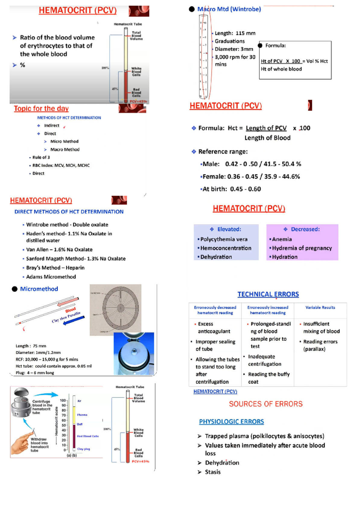 HEMA- Summary - Hematology 1 - HEMATOCRIT (PCV) Macro Mtd (Wintrobe ...