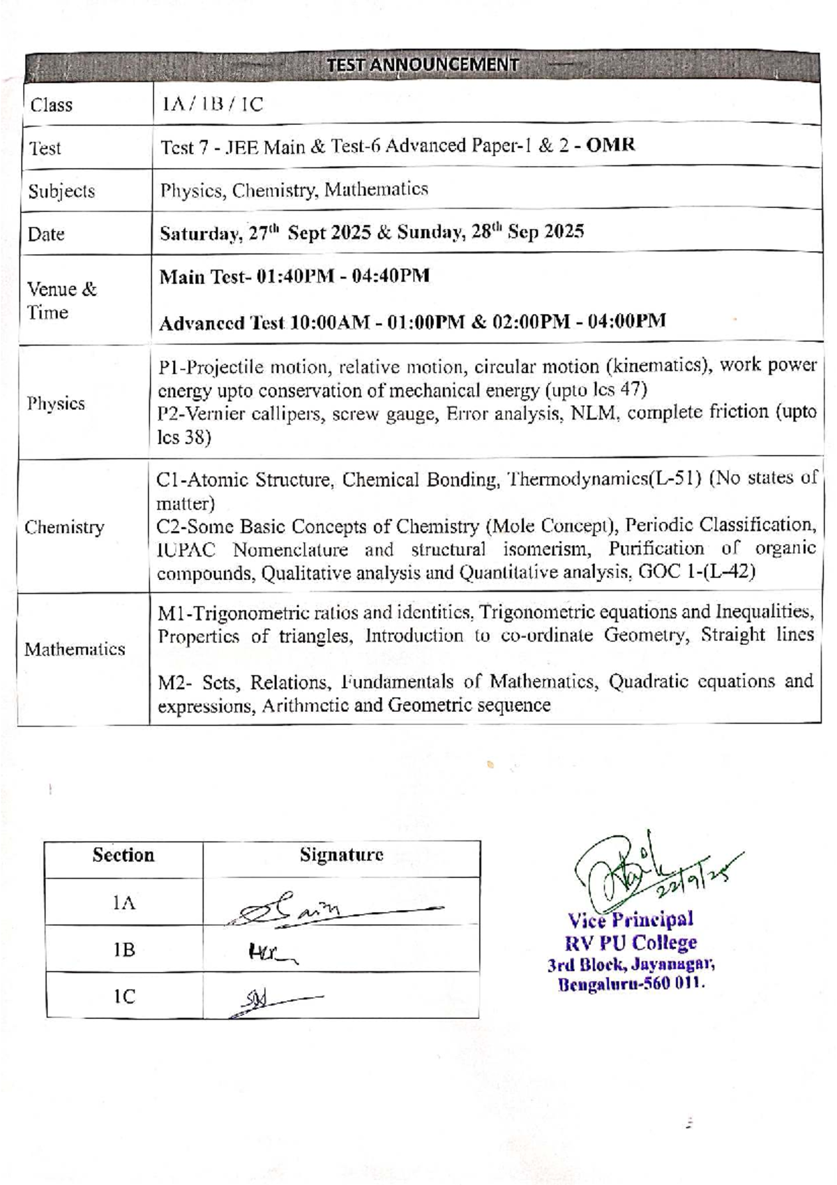 Test Announcement: JEE Main Advanced 1A, 1B, 1C - 27-28 Sept 2025 - Studocu