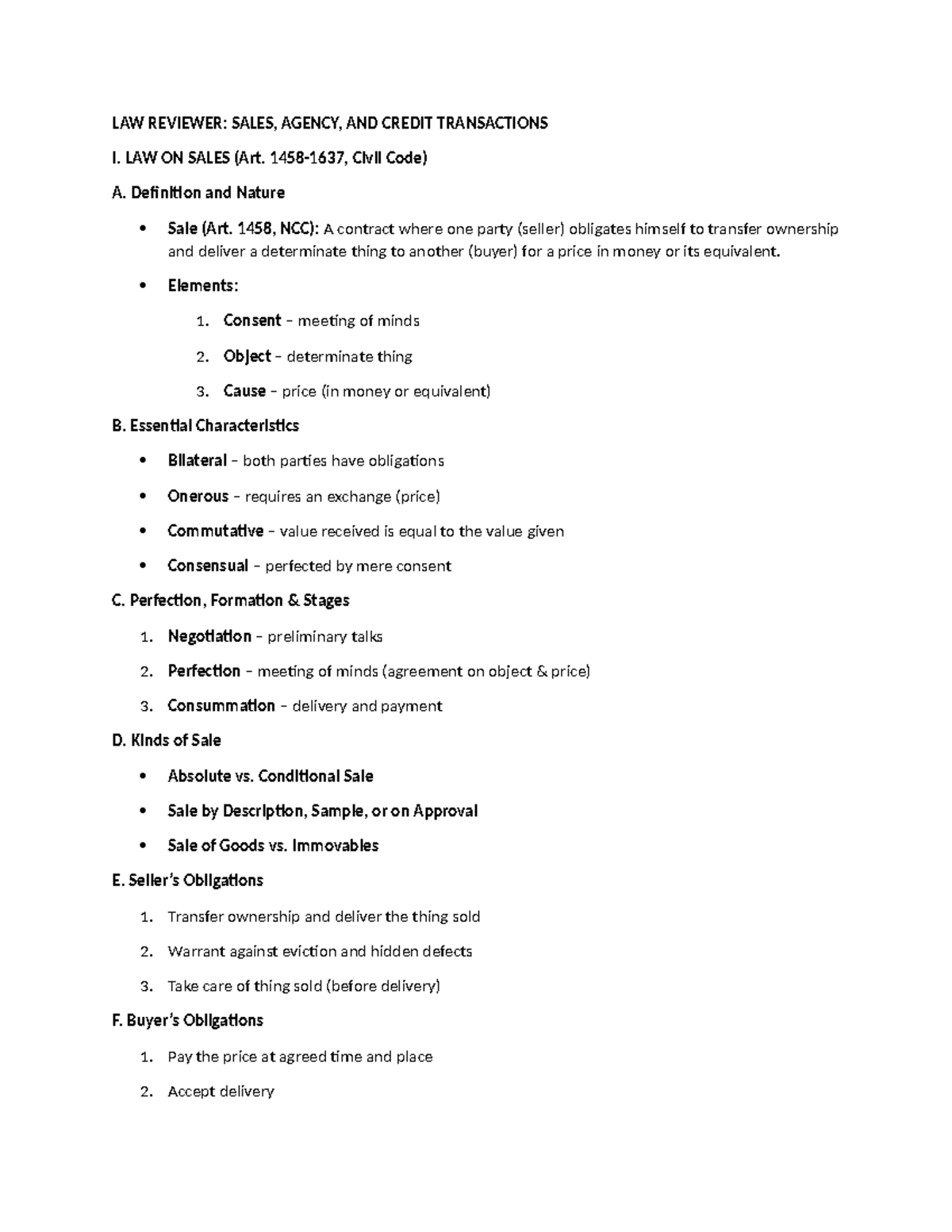 Law 101: Sales, Agency, and Credit Transactions Reviewer - Studocu