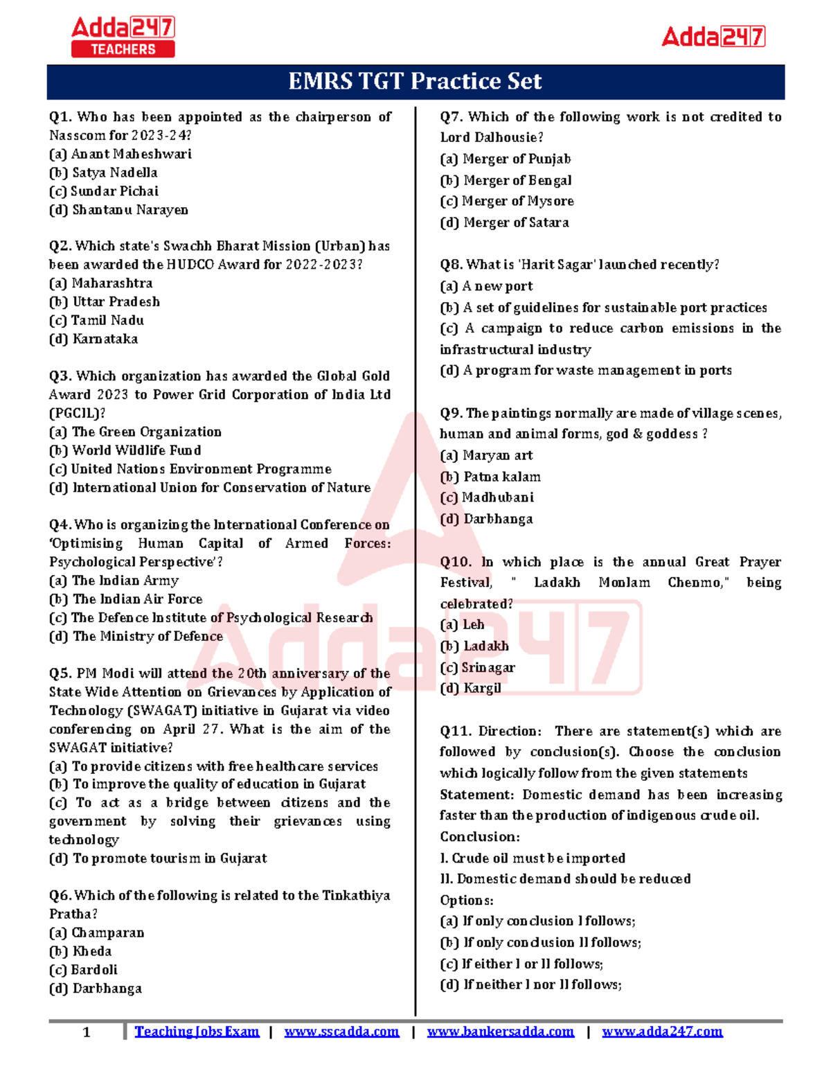 EMRS TGT Practice Set 2: Comprehensive Question Bank - Studocu