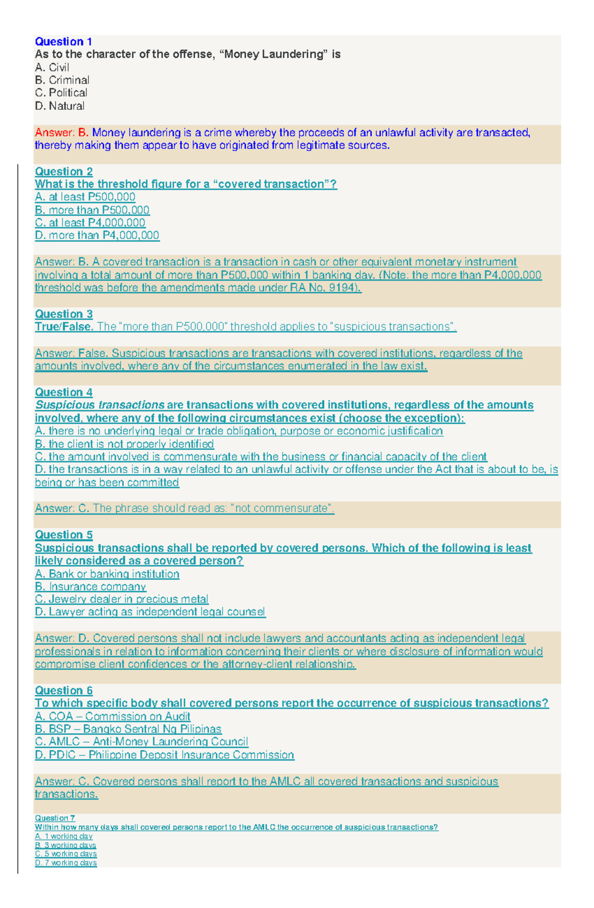 AMLA (MCQ) - Multiple Choice Questions on Money Laundering - Studocu