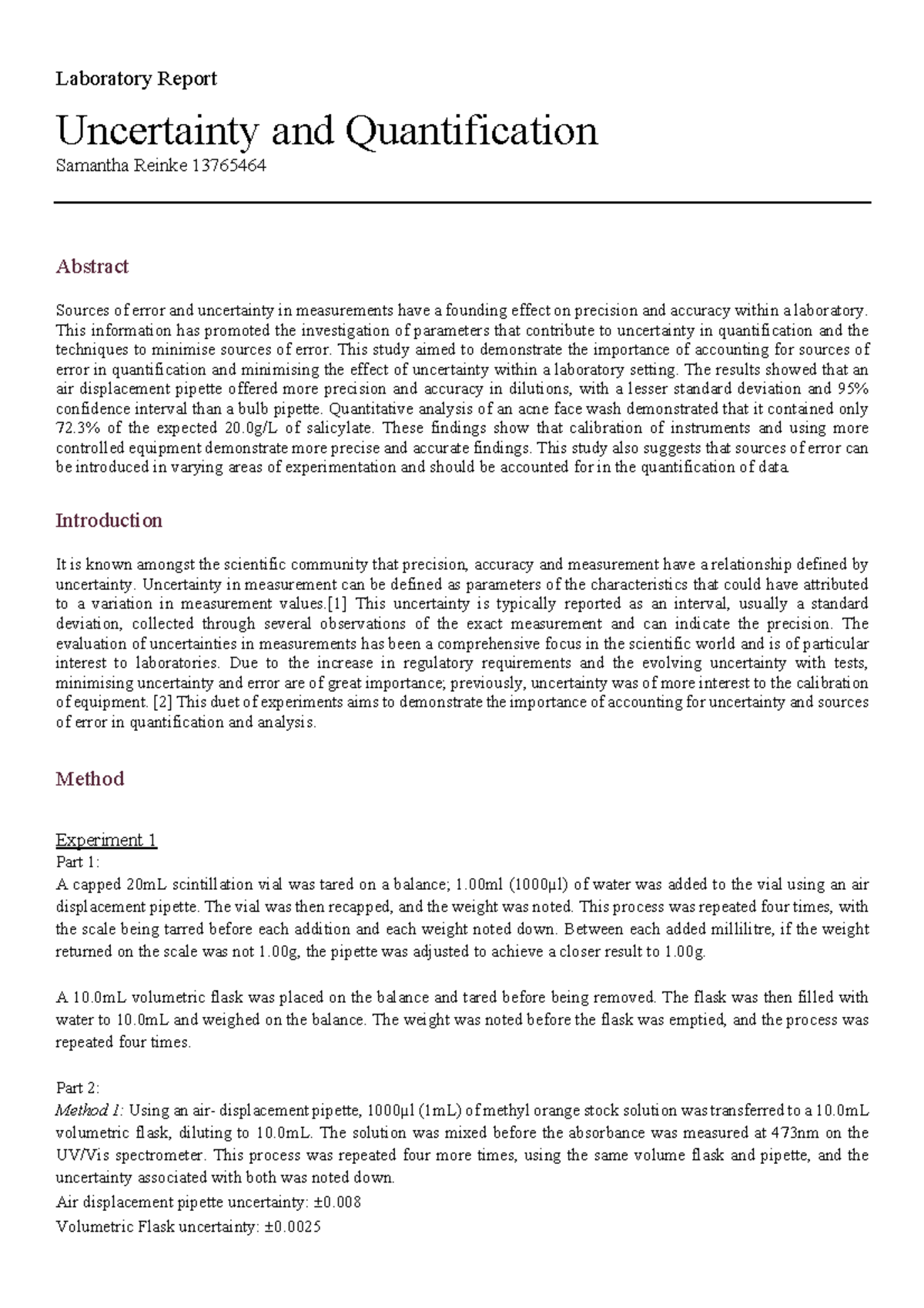 Laboratory Report 1 - Laboratory Report Uncertainty and Quantification ...