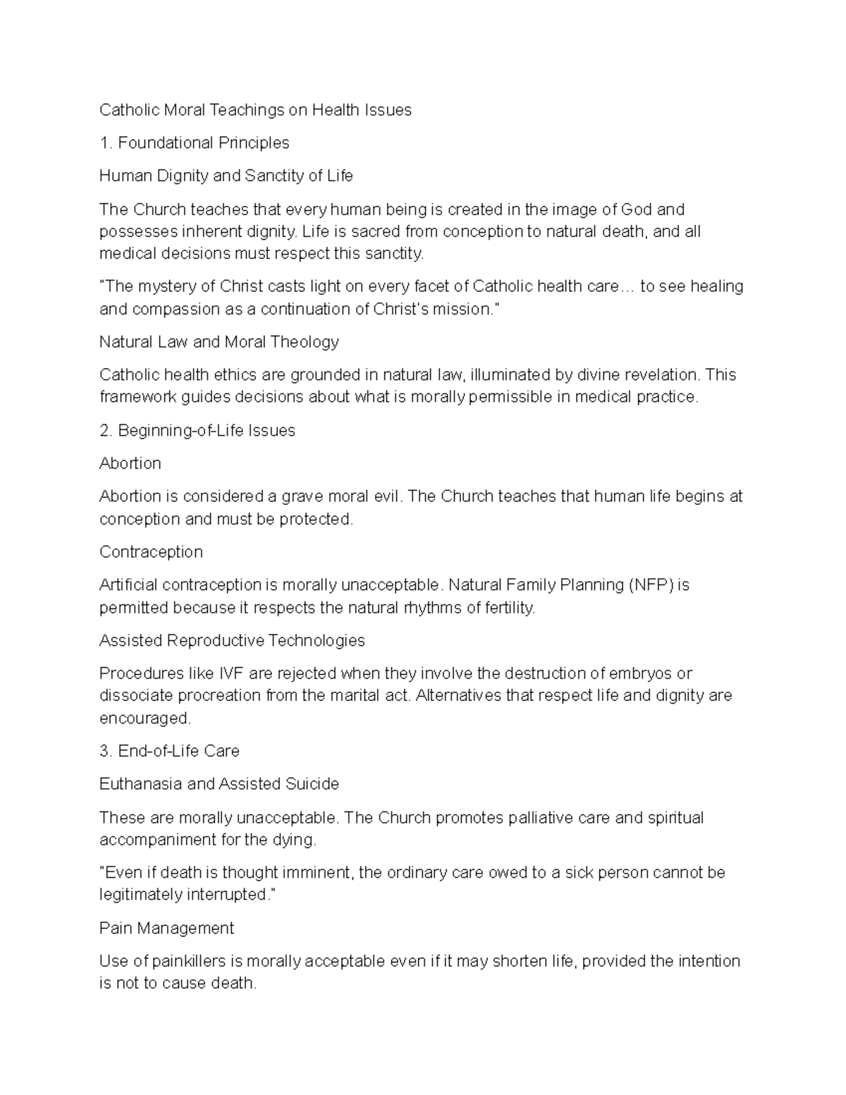 Catholic Moral Teachings on Health Issues: Principles & Ethics - Studocu