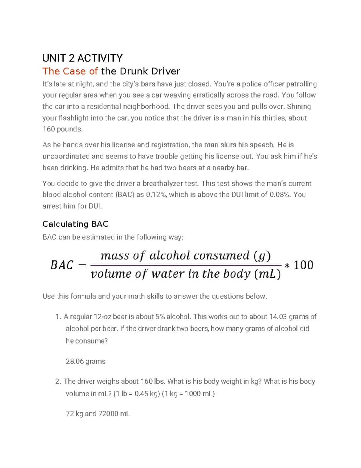 UNIT 2 Activity: Analyzing DUI Case and BAC Calculations - Studocu