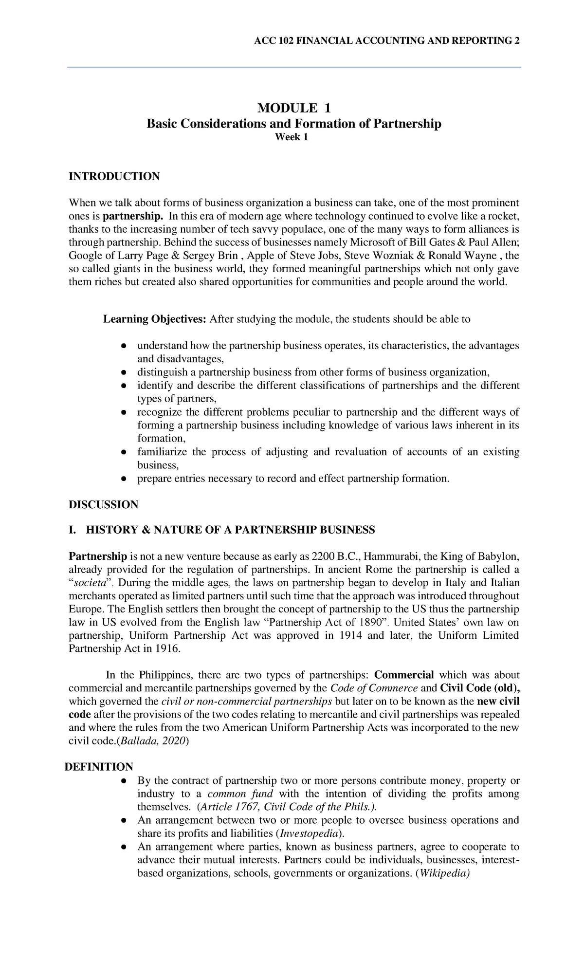 Module 1 - Mod 1 in ParCor - MODULE 1 Basic Considerations and Formation of Partnership Week 1 ...