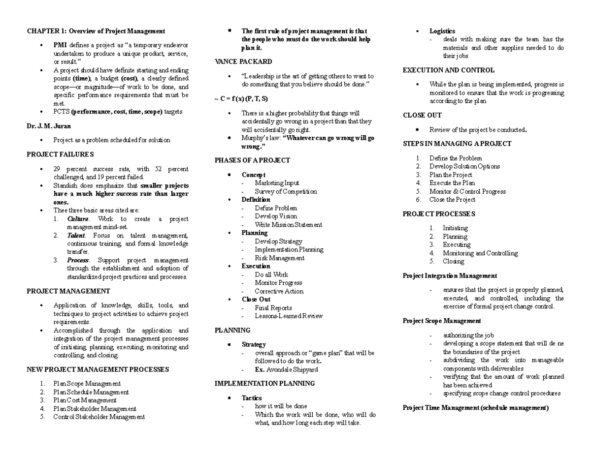 CHAPTER 1: Overview of Project Management - Midterm Reviewer - Studocu